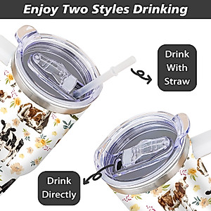 thmasamwr Cow Print Tumbler with Lid and Straw, Stainless Steel 40oz Tumbler with Handle, Cow Print Travel Coffee Mug Water Bottle, Highland Cow Gifts Cups for Women and Girls