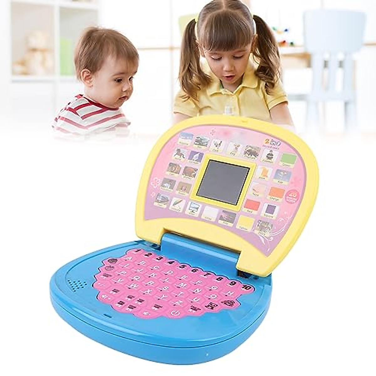 DAUZ Childrens Laptop Toy Interactive Brain Training Kids Educational Multifunctional Kids Indoor LED Screen Toy (Yellow Blue)