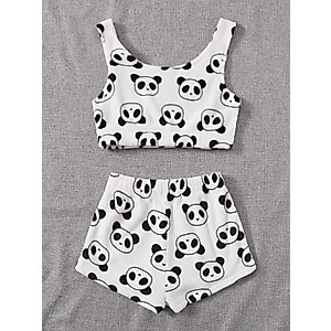 SweatyRocks Women's Fuzzy Pajamas Set Crop Tank Top with Shorts Loungewear Panda White S