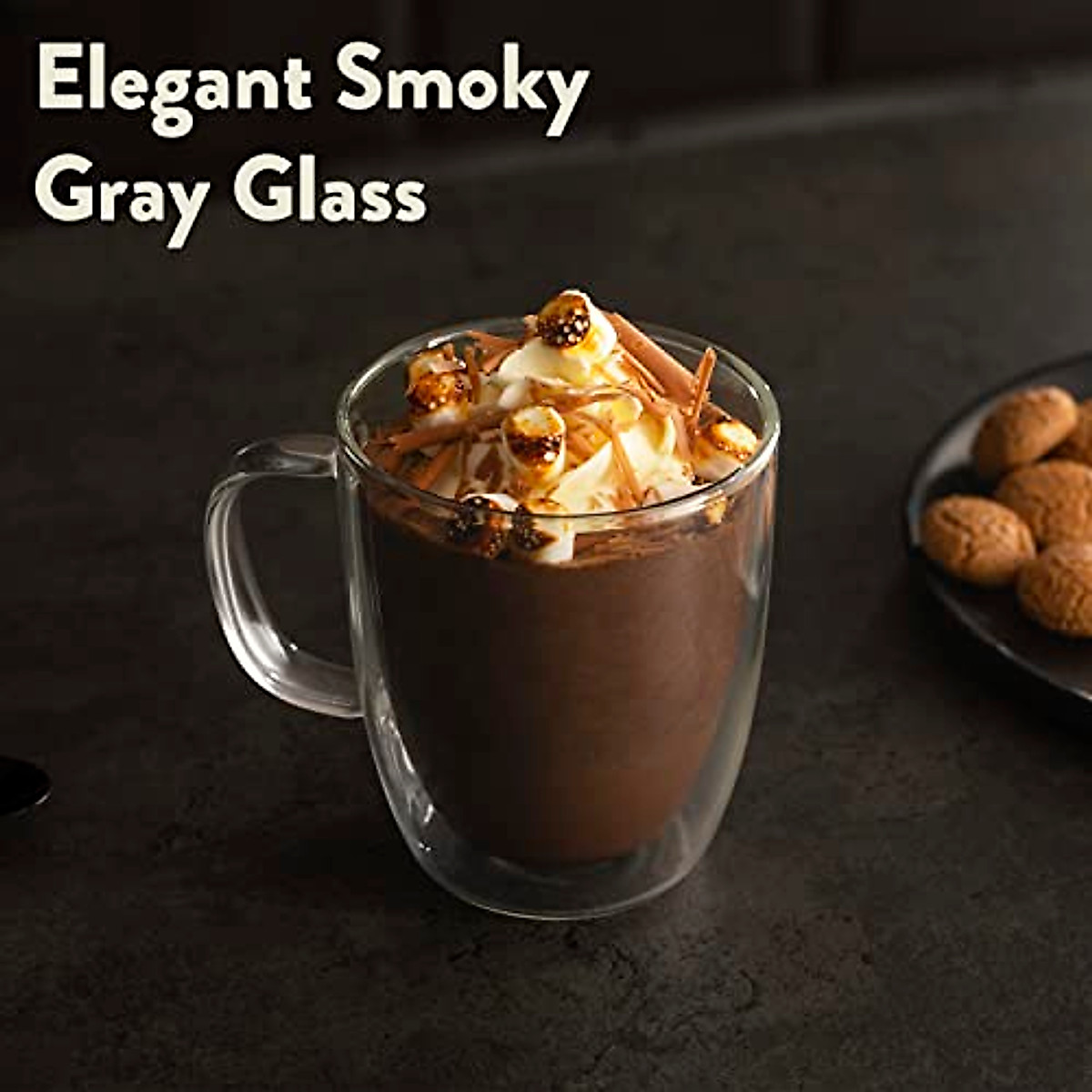 JOYFUL HOME Double Wall Glass Coffee Mugs - 12 oz. Insulated Double Walled, Smoky Gray Borosilicate Glass with Large Handle for Coffee, Cocoa and Tea (Set of 2)