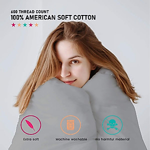 California Cotton Club 600 Thread Soft 1 Piece Duvet and 2 Piece Pillowcases Set - Breathable Pure Cotton Silky Satin Comforter Duvet Set with Button Closure for Luxury Bedding (Light Grey, Queen)