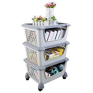 Vcansay 3 Packs Plastic Stacking Storage Basket, Large Stacking Bins with Wheels, Gray