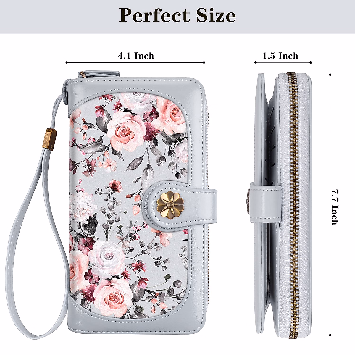 Coco Rossi Wallets for Women Multi Card Holder Wallet Clutch Wallet Card Holder Organizer Ladies Purse with Wrist strap Purse,Grey Flowers