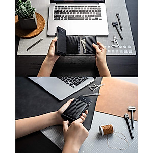 VULKIT Pop Up Wallet Automatic Leather Slim Credit Card Holder RFID Blocking Metal Double Card Case for Men and Women Carbon Fiber Black