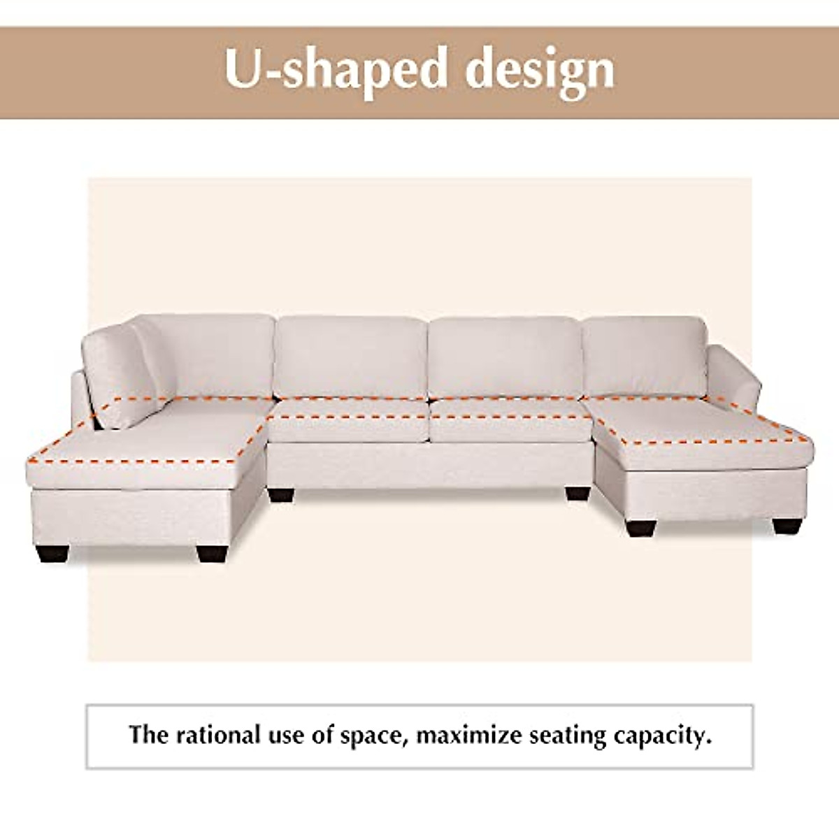 MOEO Large U-Shape Sectional Sofa, Double Extra Wide Chaise Lounge Couch, Birch Wood Legs Sponge, for Living Room Apartment, Office, Beige