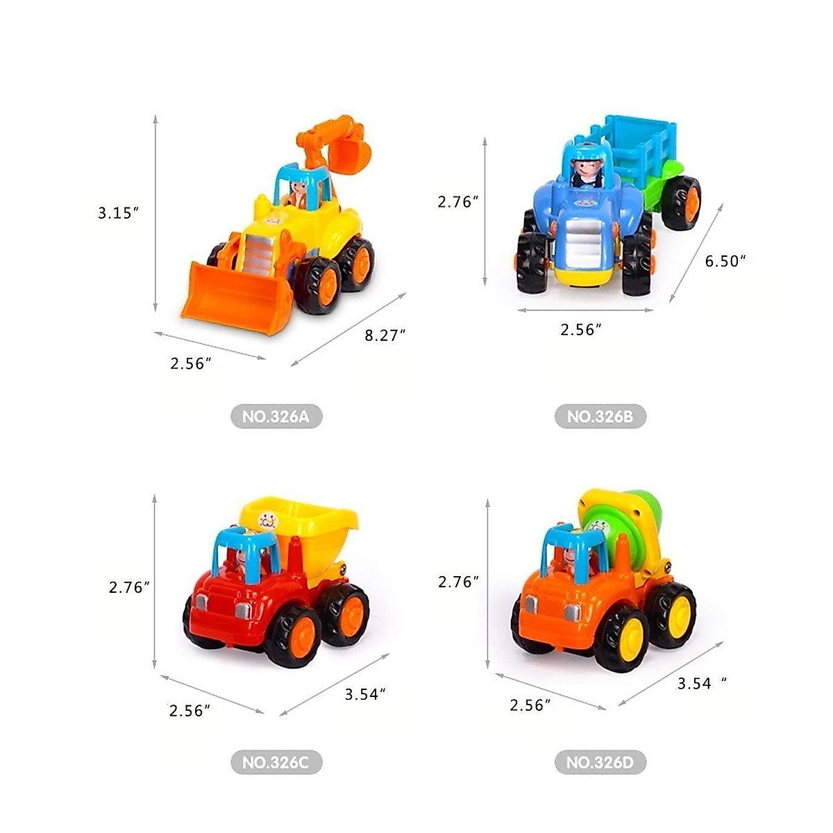 Berry President Set of 4: Early Educational Push and Go Friction Powered Car Tractor Bulldozer Mixer Truck and Dumper Toys for Toddler Baby Children Kids Boys Girls (4EngineeringCar)