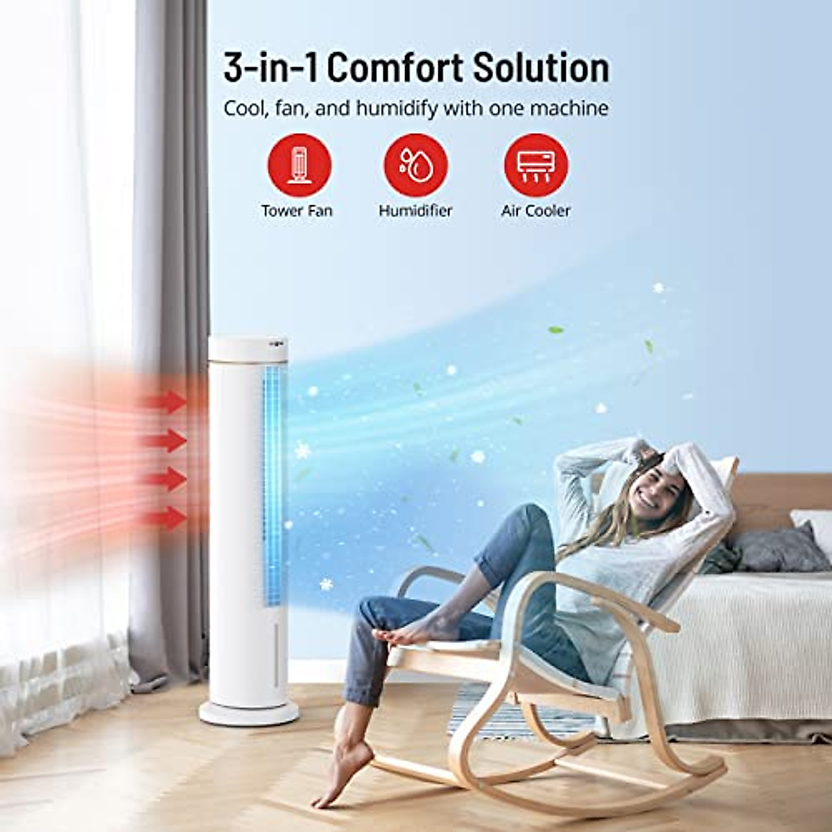 Evaporative Cooler, PARIS RHÔNE 3 in 1 Evaporative Air Cooler 45" Air Cooler 80° Oscillating 19” Air Outlet Cooling Fan 4 Speeds 3 Modes 6L Water Tank Portable Universal Casters White