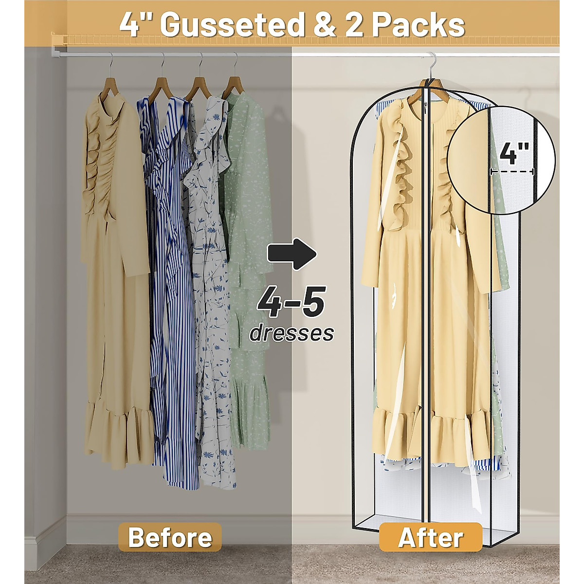 MISSLO 65" Clear Garment Bags for Hanging Clothes 4" Gusseted Dress Bags for Gowns Long Dress Cover for Closet Storage Dress Protector Bag, 2 Packs