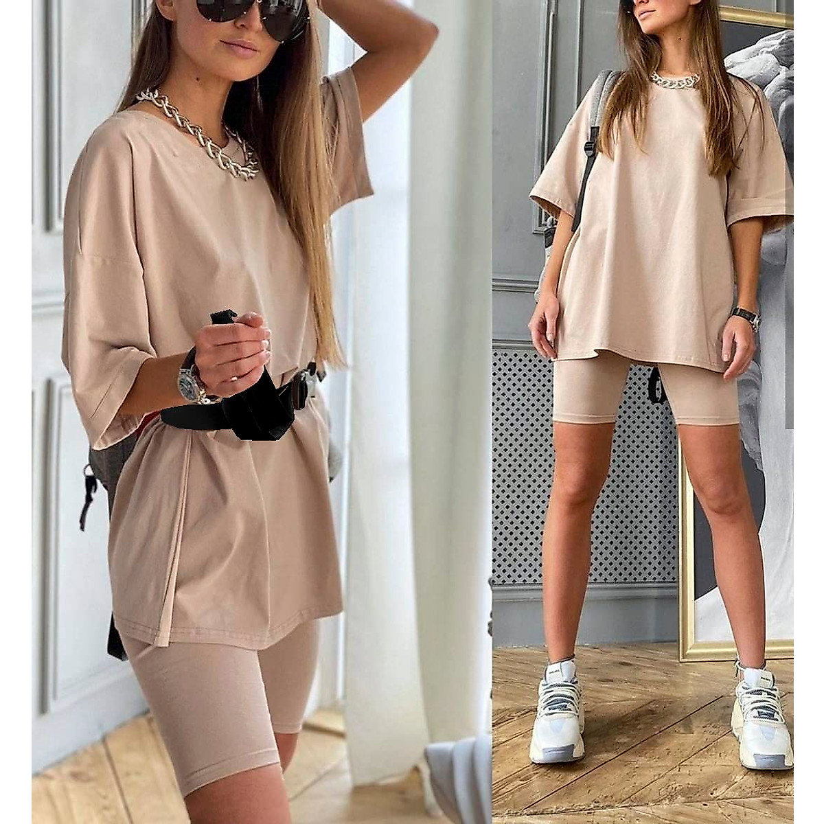 Glamaker Women 2 Piece Outfit sets Casual Oversized T-Shirt Tops Biker Shorts Workout Sport s Tracksuit Khaki Large
