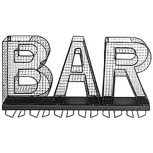 MyGift Black Metal Stemmed Wine Glass Holder and Wine Cork Storage Rack, BAR Word Design Wall Decor