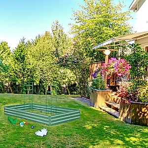 ONCEMORE Galvanized Raised Garden Bed for Vegetables Flowers Herbs, Metal Raised Garden Bed Kit with 2 PCS Tomato Cage, Gloves, Trellis Netting, Plant Labels, Plant Ties, Green 8×4×1FT