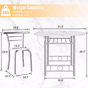 JUMMICO 3-Piece Wooden Round Table & Chair Set, Space Saving Kitchen Breakfast Nook Wood Grain Tabletop with Metal Frame and Built-in Wine Rack for Kitchen, Dining Room (White/Silver)