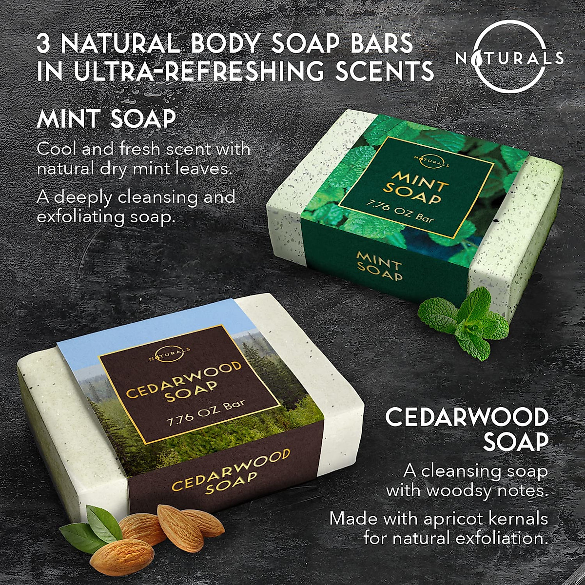 O Naturals Bar Soap for Men - 3-Pcs Mens Soap Bar - Natural Soap - Mens Soap - Body Men Soap Bars - Natural Soap for Men - Organic Men's Soap Bars - Exfoliating Bar Soap - African Black,Cedarwood,Mint