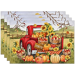 Fall Pumpkin Placemats for Dining Table, 12 x 18 Inch Farm Apples Sunflower Truck Autumn Thanksgiving Seasonal Holiday Decoration Rustic Washable Table Mats Set of 4