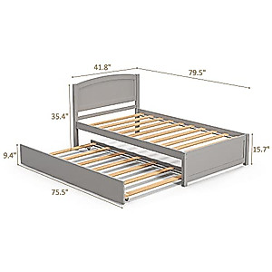 TOLEAD Daybed with Trundle, Twin Size Pull Out Bed, Solid Wood Extendable Day Bed with Pop Up Trundle, Include Slat Support (Grey, Trundle)