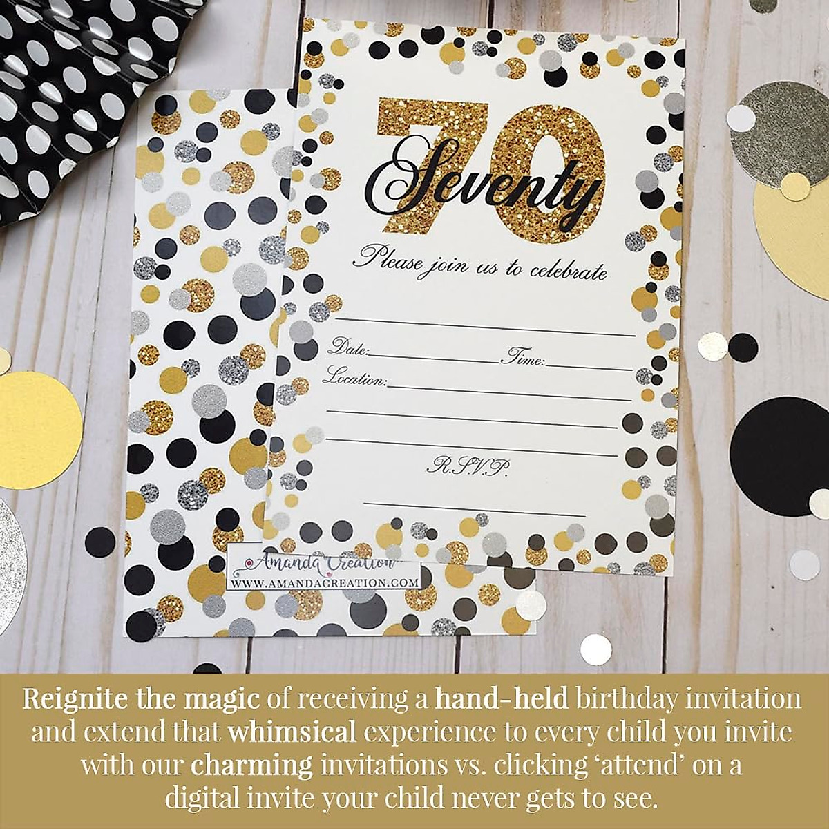Confetti Polka Dot 70th Birthday Party Invitations, 20 5x7 Fill In Cards with Twenty White Envelopes by AmandaCreation