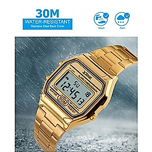 Digital Sports Watch Men's Women Water Resistant Outdoor Stainless Steel Band Electronic Square LED Back Light Wristwatch Gold 1123
