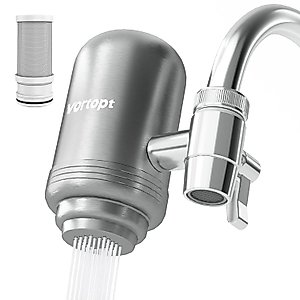 Vortopt Faucet Water Filter for Sink - 400G Water Purifier, Mount Tap Water Filtration System for Kitchen, Bathroom, Reduces Lead, Chlorine, Bad Taste, T1 (Stainless Faucet Filter with 1 Filters)