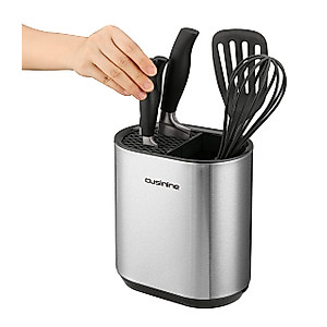 Knife Block and Utensil Holder for Kitchen Counter Storage Organization, Stainless-Steel Holder with Built-In Water Drip Tray