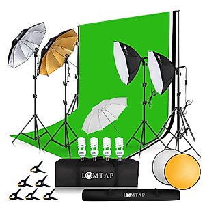 LOMTAP Backdrop Stand 6.5ft x 9.8ft Green Screen Photography Lighting Kit 2 Softboxes 3 Photo Umbrellas 2 in 1 Reflector Accessories for Parties Video Equipments Studio Lights