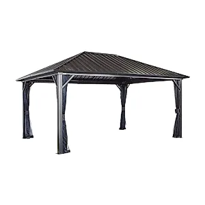 Sojag 12' x 16' Genova II Hardtop Gazebo Outdoor Weather-Resistant Aluminum Frame Shelter with Mosquito Net Black,Brown