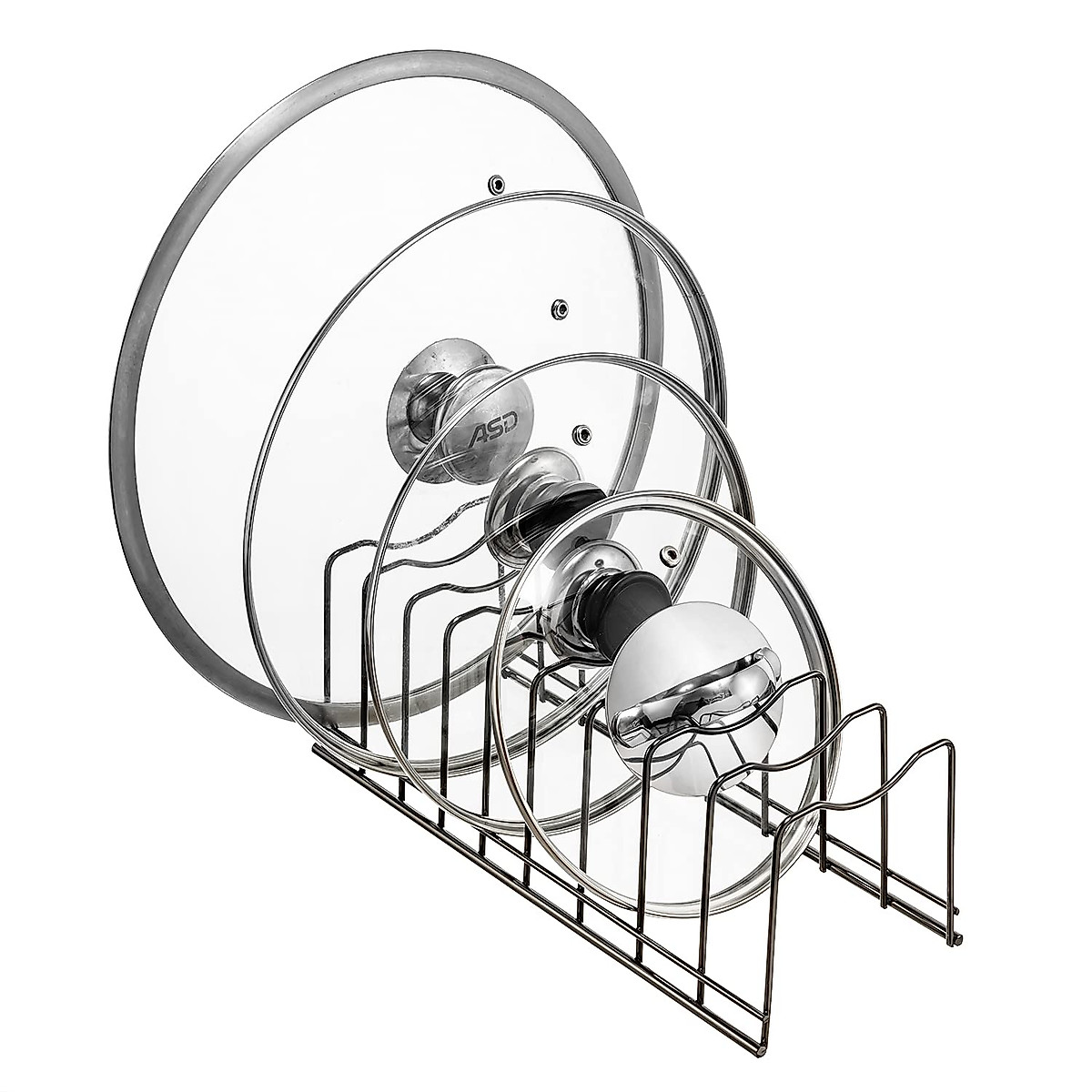 Pan/Pot Lids Holder Organizer, Kitchen Storage Rack for Cutting Board, Baking Sheet, Skillet Lid in Cupboard/ Cabinet on Countertop, Stainless Steel (Satin Nickel, 1)