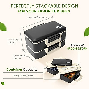Adult Bento Box Lunch Box with Containers & Utensils - Leak Proof Bento Lunch Box for Adults - 2-Compartments w/ Handles, Sturdy, BPA-Free, Indoor, Outdoor, Gym, 5" x 7" x 4.5", Black Food Container