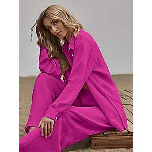 Floerns Women's 2 Piece Outfits Slit Hem Longline Blouse and Wide Leg Pants Set A Hot Pink S