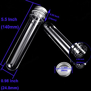 KOHAND 50 PCS 140 x 25mm Clear Test Tubes with Screw Caps, 40ml Plastic Test Tube with Aluminum Covers for Sample Christmas Candy Bath Salt Science Party Favors