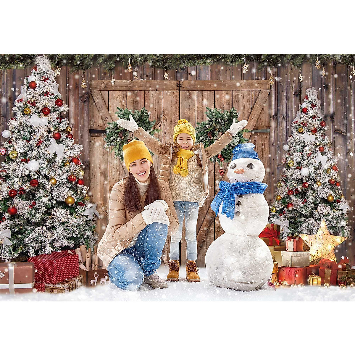 Felortte 8x6FT Polyester Fabric Winter Christmas Rustic Barn Wood Door Photography Backdrop Xmas Tree Snow Gifts Decor Background Banner for Family Holiday Party Supplies Photo Studio Props Pictures