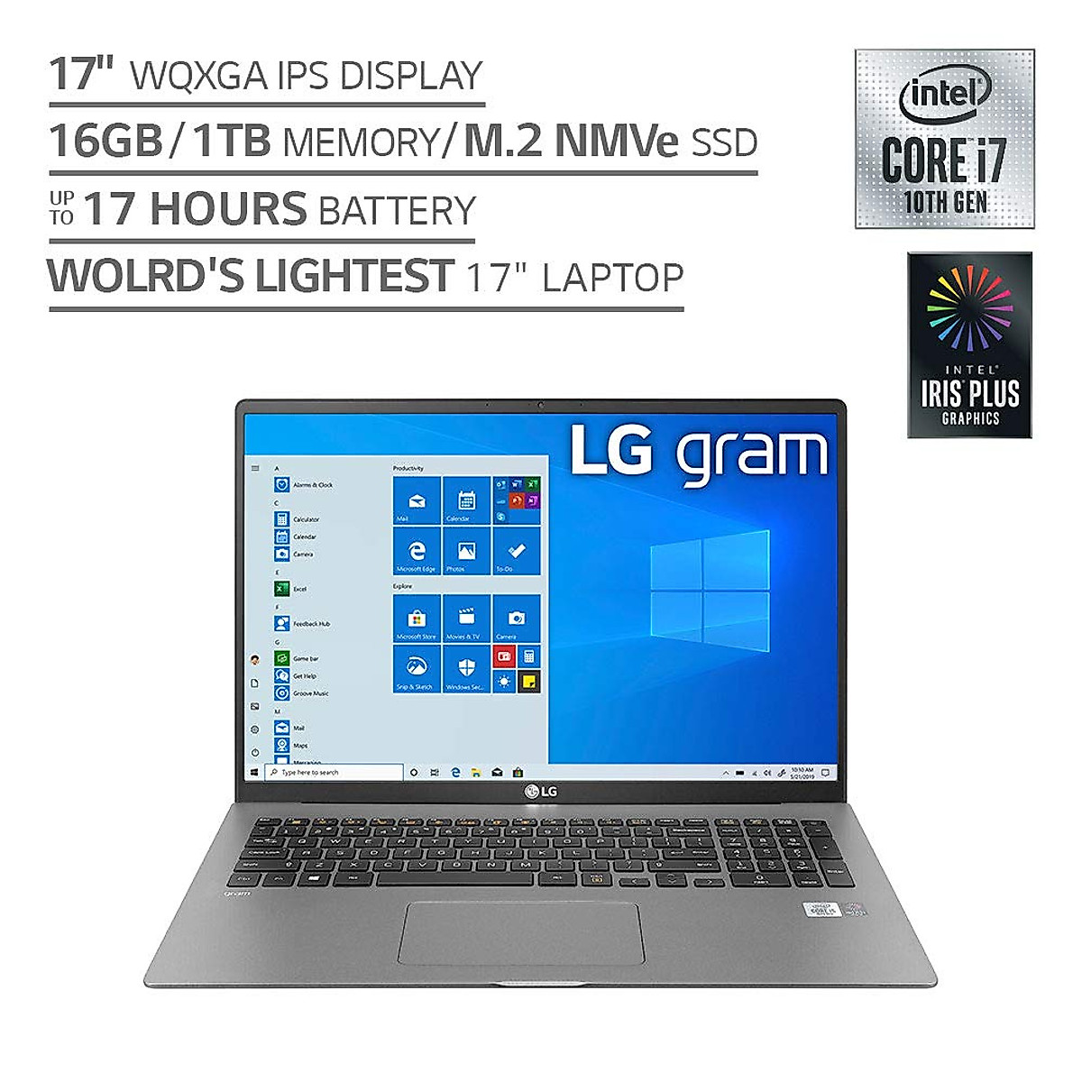LG Gram 17Z90N-Laptop 17" IPS Ultra-Lightweight, (2560 x 1600), 10th Gen Intel Core i7 , 16GB-RAM, 1TB SSD, Windows 10 Home, 17 Hour-Battery, USB-C, HDMI, -Headphone Input - Silver