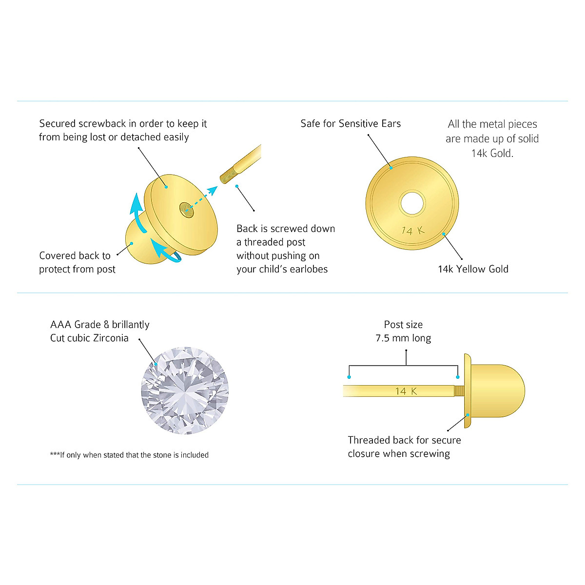 14k Yellow Gold Pink Oct Heart Cubic Zirconia Children Screwback Baby Girls Earrings