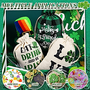 24 Pieces St. Patricks Linen Burlap Bag, Shamrock Burlap Gift Bags, St. Patrick's Small Burlap Bags, Irish Green Jute Drawstrings Candy Pouch, Happy Shamrock Treat Bags (7 x 5 Inch)