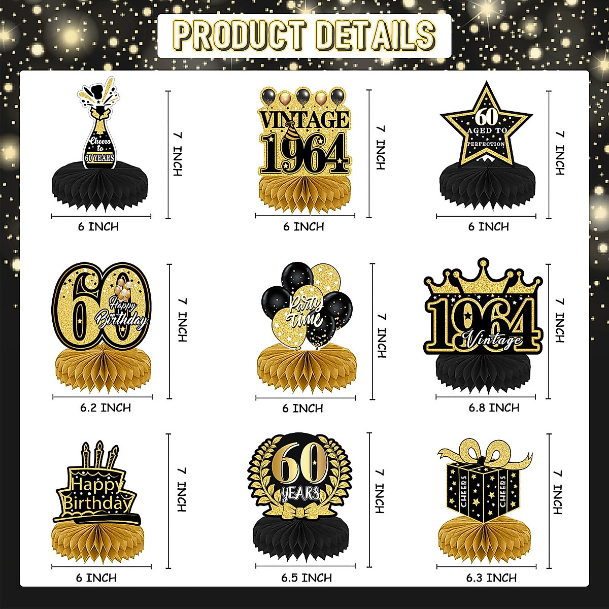 Refavor 9Pcs 60th Birthday Party Decorations - 60th Birthday Decor Men Women Black Gold Vintage Table Centerpieces Supplies 60 Years Birthday Party Decoration Aged to Perfection Tables Toppers