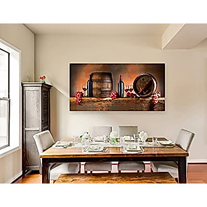 Muolunna BK06250 Wall Art Canvas Print Fruit Grape Red Wine with Bottle Barrel Painting on Canvas Stretched and Framed Ready to Hang for Home Decor Living Room Bedroom Kitchen Office Artwork