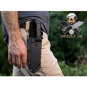 Off-Grid Knives - Grizzly V2 Camp Kitchen Chef Knife with Sandvik 14C28N Stainless Steel, Kydex Sheath and Belt Clip, G10 Scales, Lanyard Opening, Camping, BBQ & Home Kitchen Use (Coyote)