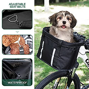 ANZOME Upgraded Dog Carrier Bike Basket, Detachable Handlebar Front Basket with Reflective Stripes and Adjustable Dog Seatbelts for Safe Night Riding and Convenient Detachable Use
