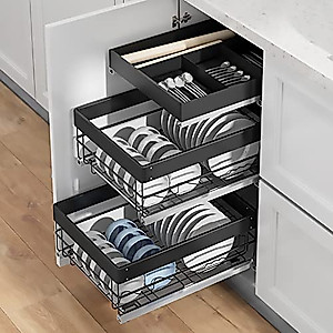 Kitchen Pull Out Shelves Small Size Double Drawer Telescopic Pull Out Spice Rack Vegetable Dish Basket for Kitchen Cupboard, Pantry, Bathroom Stainless Steel Slide Out Cabinet Organizer (30(W)*46.5(