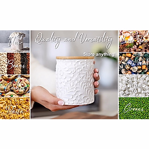 Engraved Ceramic Kitchen Canister - Storage Jars with Airtight Lids Made from Bamboo with Nature-Inspired Engraving - Use as a Pasta Holder, Coffee Ground Holder, Rice Container, Candy Jar - 30 Ounces