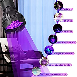 UV Flashlights 51 LED 365-395nm Black Light Flashlite, Rechargeable Blacklight for Pet Urine Detection,Resin Curing,Dry Stains,Bed Bug,Scorpion, Dog/Cat Urine Detector Light Match with Odor Eliminator