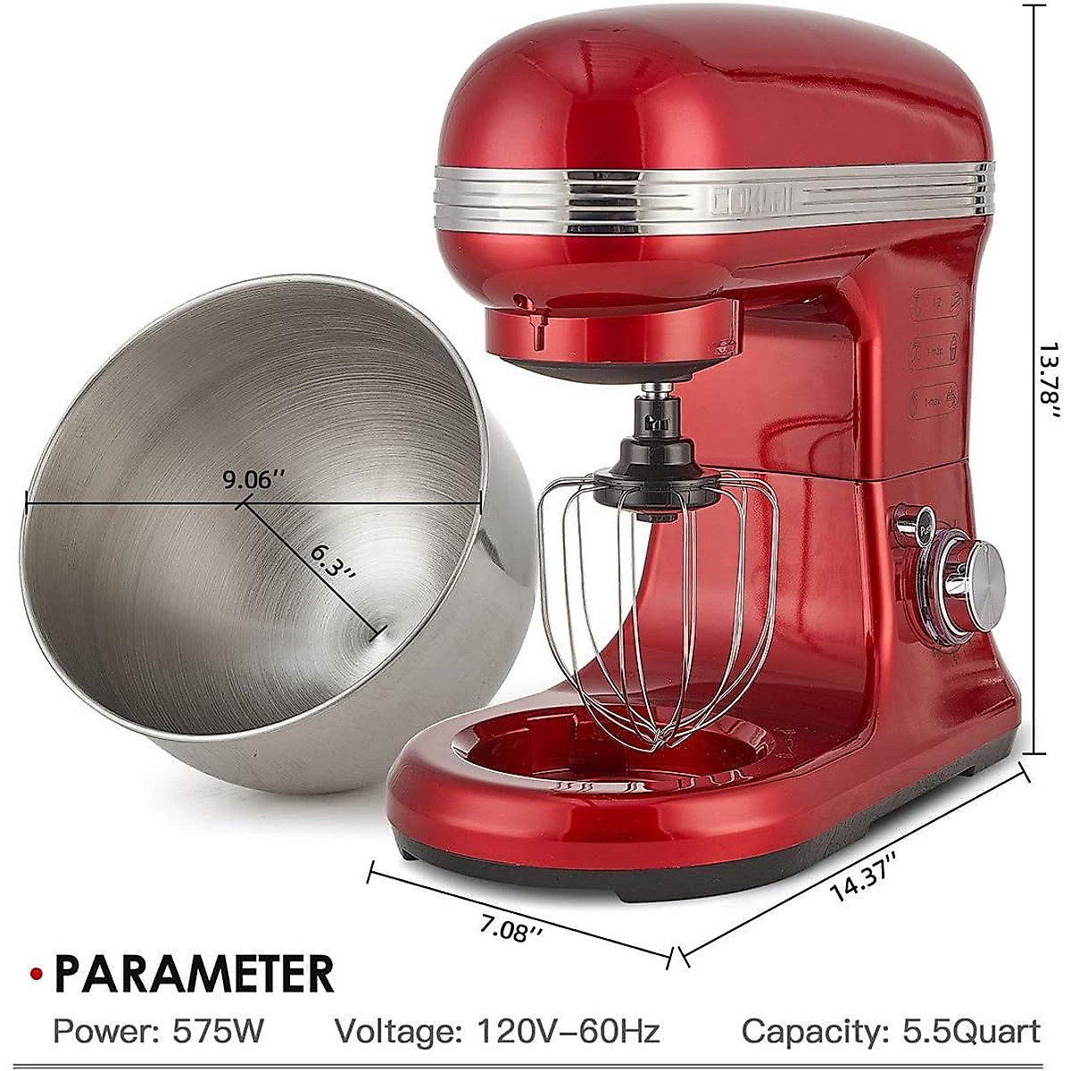 Stand Mixer, COKLAI Electric Mixer, 6 Speed Dough Mixer Metal Lid with Stainless Steel Bowl, Tilt-head Kitchen Mixer with Wire Whisk, Dough Hook, Flat Beater & Splash Guard, Food Mixer for Baking