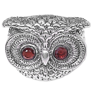 NOVICA Artisan Handmade Garnet Cocktail Ring Balinese Sterling Silver Owl with Eyes Red Indonesia Animal Themed Birthstone [crownbezel 0.7 in L x 1 in W x 0.2 in H Band Width 3 mm W] ' Owl Eyes'