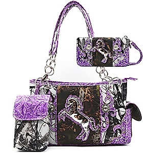 Camouflage Western Style Tote Studded Handbag Concealed Carry Purse Country Women Shoulder Bag Wallet Set (#2 Purple Set)