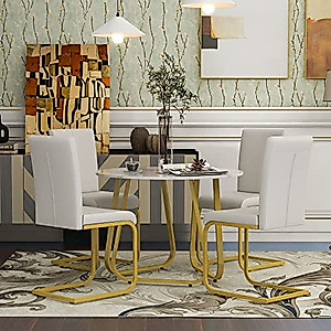 Goozio 5-Piece Round Table Set for 4 with Faux Marble Tabletop and Four Chairs with Metal Legs for Dining, Kitchen Living Room, White+Gold