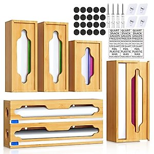 YITOBA 6 In 1 Bag Storage Organizer with Foil and Plastic Wrap Organizer, Extended Aluminum Foil Dispenser, Bamboo Baggie Organizer for Drawer, Sandwich Bag Organizer for Gallon, Quart, Snack