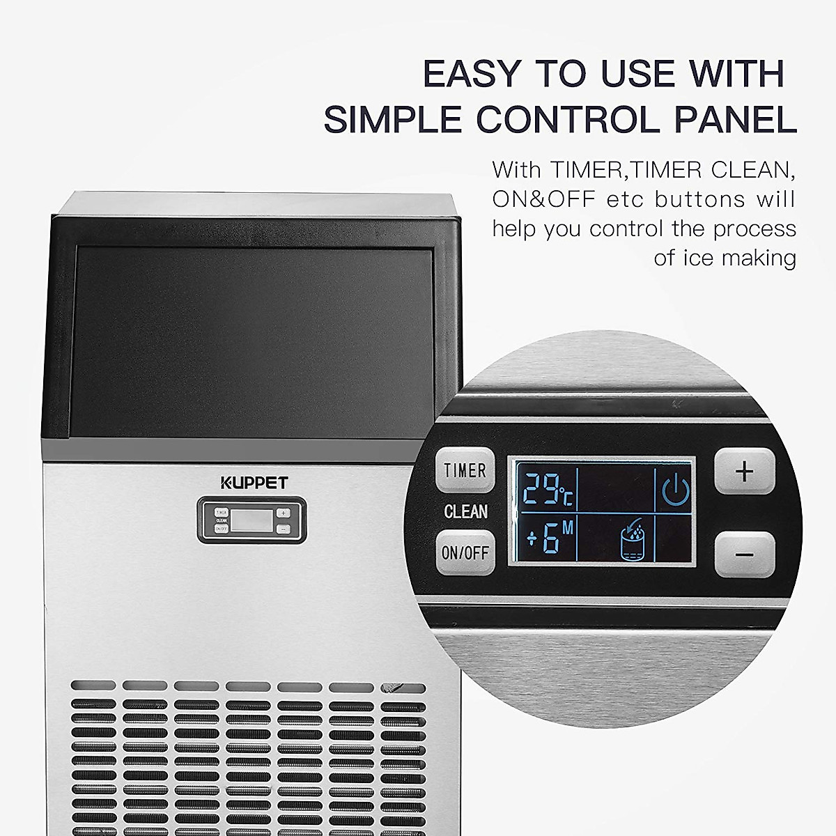 KUPPET Stainless Steel Commercial Ice Maker-Under Counter/Freestanding Automatic Ice Machine for Restaurant Bar Cafe, Products 100lbs Daily-w/Scoop, Ice Basket, Timer & Auto Clean