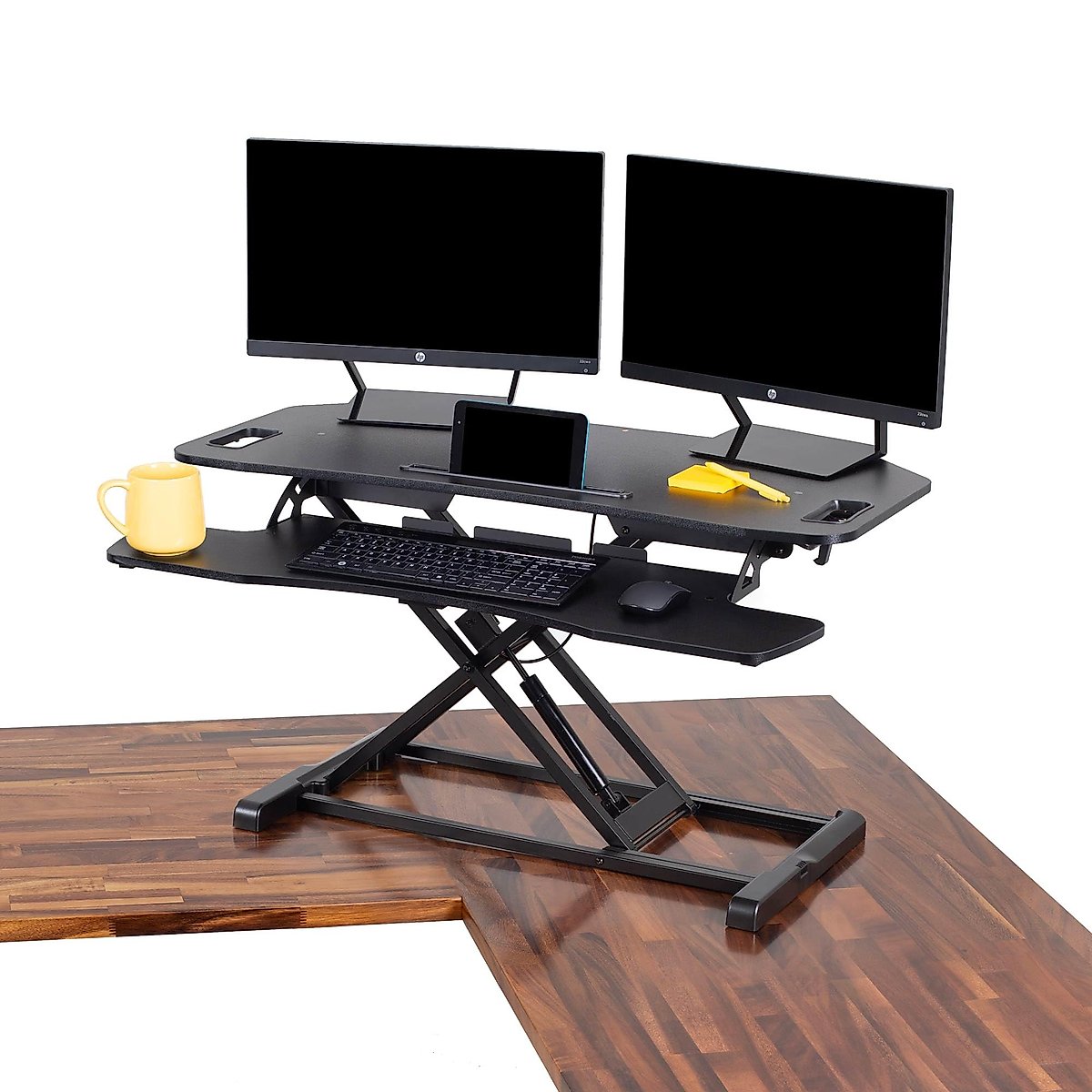 Flexpro Hero Corner Standing Height Adjustable 37 inch Desk Converter, for Cubicles & L-Shaped Desks, 2 Level Sit to Stand Workspace with Keyboard Shelf & Monitor Riser, (Black, 37 x 18 x 4.5 to 20)