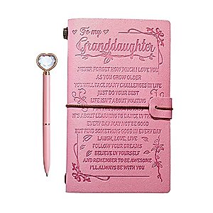 To My Granddaughter’s Gift - Pink Leather Journal+Heart Diamond Pen Set ,Engraved Notebook Writing Journal,Refillable Notepads,Travel Diary Graduation Back to School,Christmas,Birthday Gifts for Girls(7.9"x4.7") (To Granddaughter Journal)