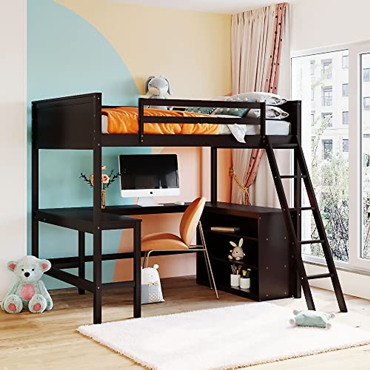 BOVZA Full Size Loft Bed with Desk and Shelves, Wooden Full Loft Bed Frame with Safety Guardrails for Kids Teens Adults, Espresso