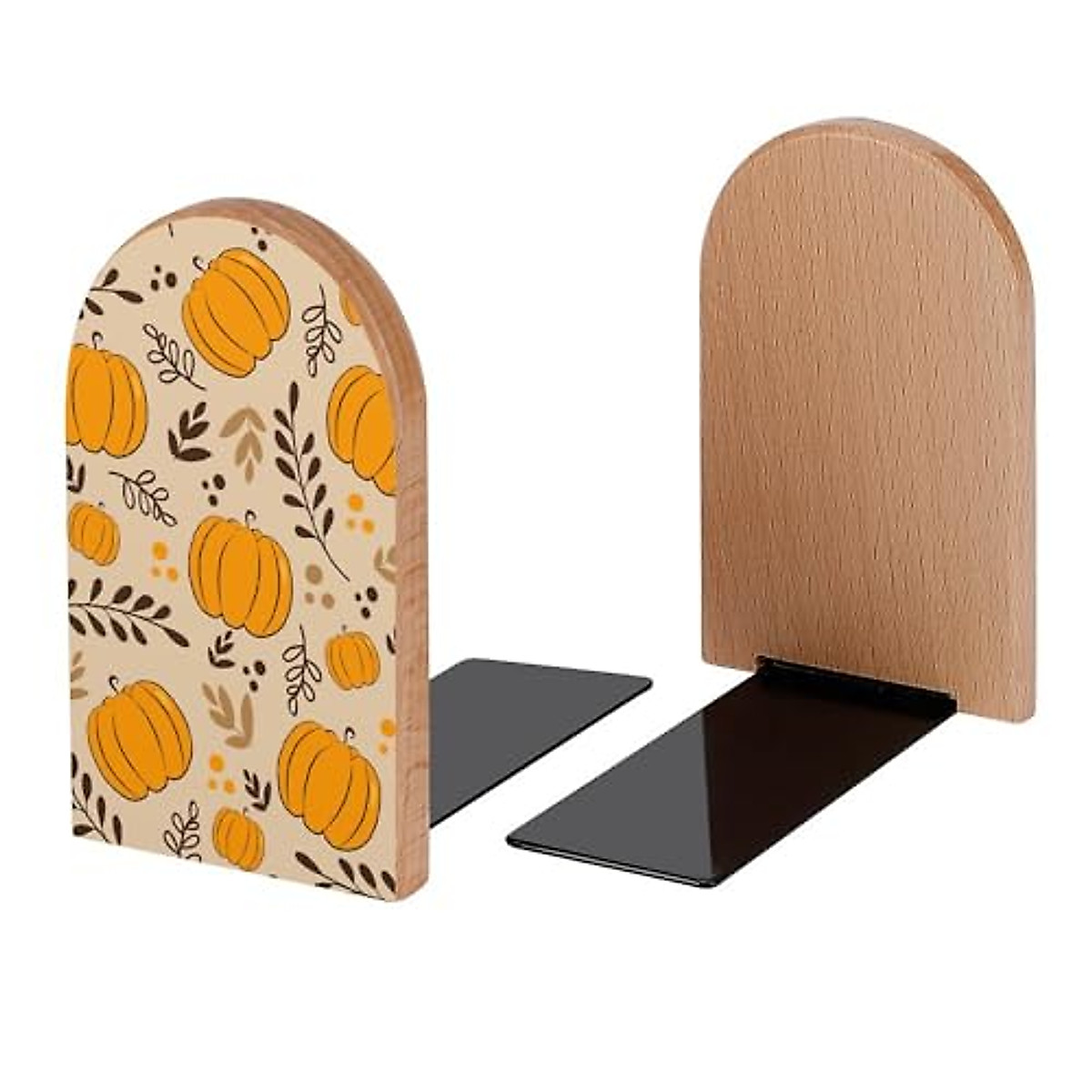Autumn Pumpkin Doodle Leaves Book Ends Decorative Wood Bookends for Shelves Kids Room Desk Home Office Book Stoppers for Magazines,Books, DVDs, 1 Pair/2 Pieces(5x3.1 in)